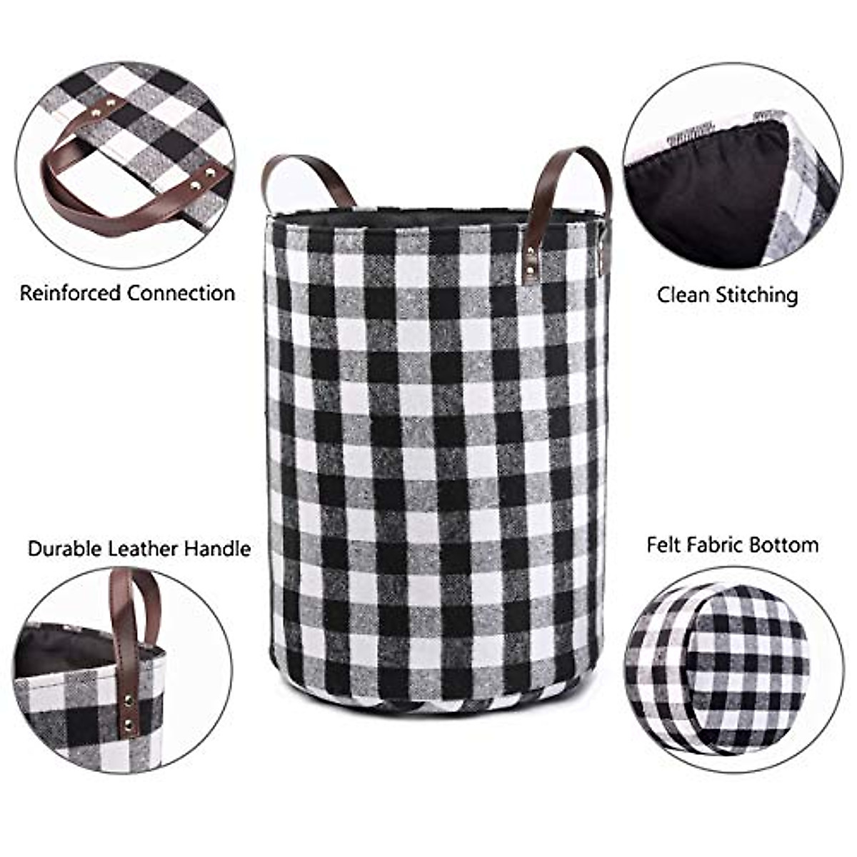 Collapsible Round Storage Basket with Leather Handles, Woolen Fabric Easter Eggs Basket Home Decorative Organizer, Medium, Black White Grey Grids