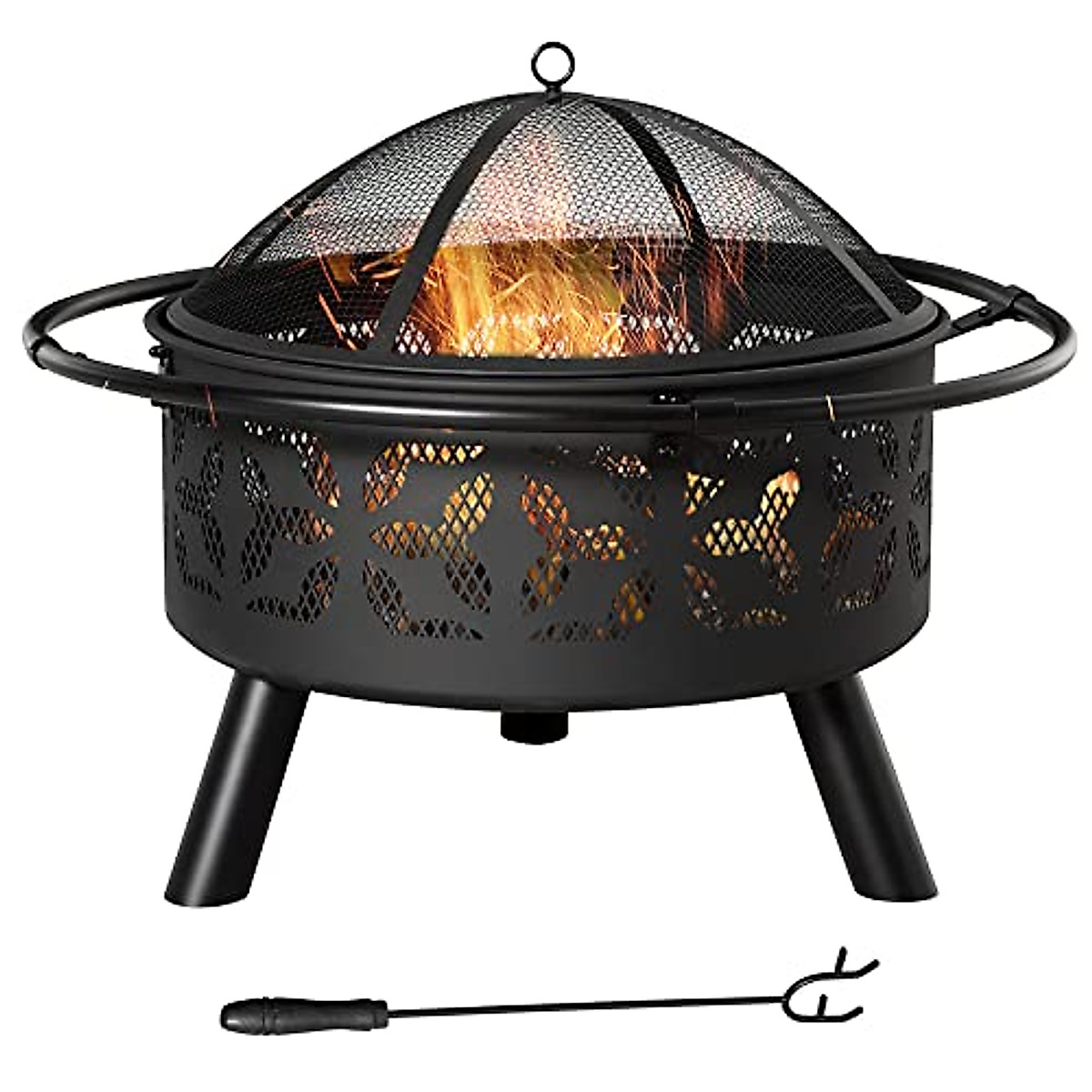 Outsunny 31" Outdoor Fire Pit, Portable Steel Wood Burning Bowl, Handle Ring, Poker, Spark Screen Lid for Patio, Backyard, Bonfire, Campfire, Black
