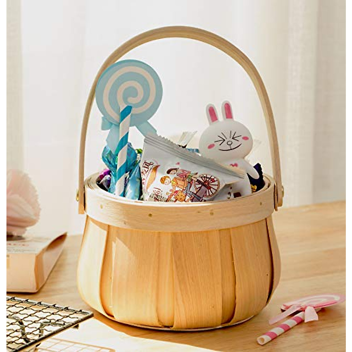 Small Round Natural Woodchip Wooden Decorative Storage Basket with Handle