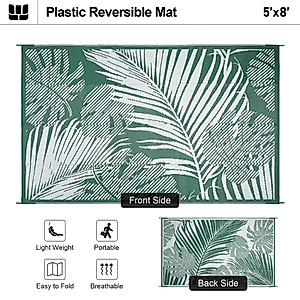 WondRg Outdoor Waterproof Patio Rug 5x8 Plastic Straw Reversible Lightweight Outdoor Area Carpet for Camping RV Picnic Backyard Deck Balcony Porch Beach, Green & White Leaf