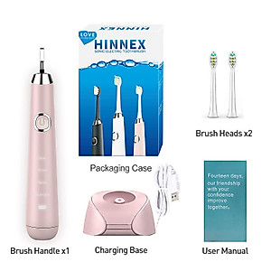 HINNEX Sonic Electric Toothbrush H3 Series Rechargeable Power 4 Modes with Smart Timer for Tooth and Gum Care, 1 Holder and 2 Replacement Brush Heads, Oral Care Whitening (Pink)
