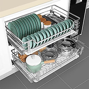 Pull Out Cabinet Drawer Organizer Heavy Duty Telescopic Double Tier Wire Basket Slide Out Shelf Storage 304 Stainless Steel Slide Out Cabinet Organizer for Cupboard, Pantry, Chrome (49W*42D*13H(cm))