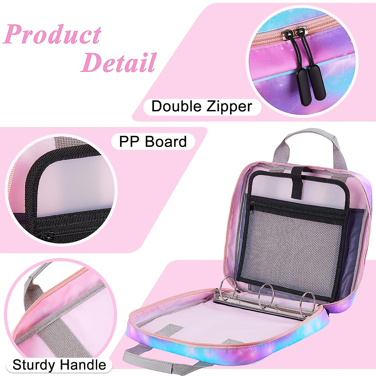 FIODAY Zipper Binder, 2 inch 3 Ring Binder with Zipper Cute Binder with Handle and Shoulder Strap Multiple Pocket 500 Sheet Capacity Binder Organizer for School, Blue Purple