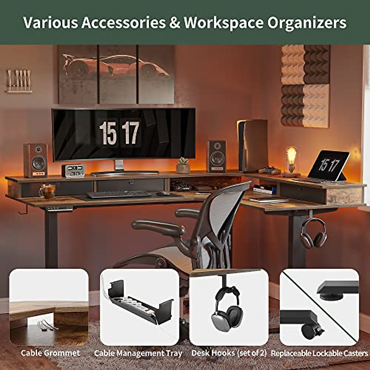 FEZIBO Triple Motor 63" L Shaped Standing Desk with 3 Drawers, Electric Standing Desk Adjustable Height, Corner Stand up Desk with Splice Board - Rustic Brown