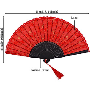 Womens Multi Color Handmade Cotton Lace Folding Hand Fan (Black-A) (Red-a)