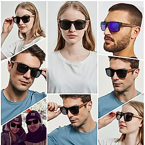 ANDWOOD Mens Sunglasses Polarized UV Protection Wooden Frame Beach Sun Glasses Womens Square Wood Shades Black