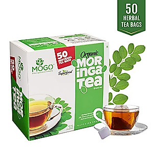 MOGO Organic Moringa Tea Bags - 50 Count,100% Pure,Caffeine Free,Rich Aroma and Taste, Premium Grade Moringa Tea Leaves, Antioxidants Rich Herbal Tea(Packaging Vary)
