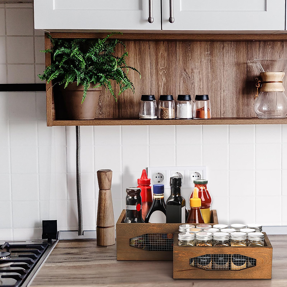 Okllen Set of 2 Wooden Nesting Countertop Baskets, Decorative Wood Storage Box Farmhouse Rustic Crate with Cutout Handles for Bread, Fruit, Vegetables, Kitchen, Bathroom, Pantry Supplies, Brown