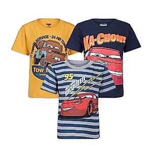 Disney Little Boys' 3 Pack Cars T-Shirts, Blue, 7