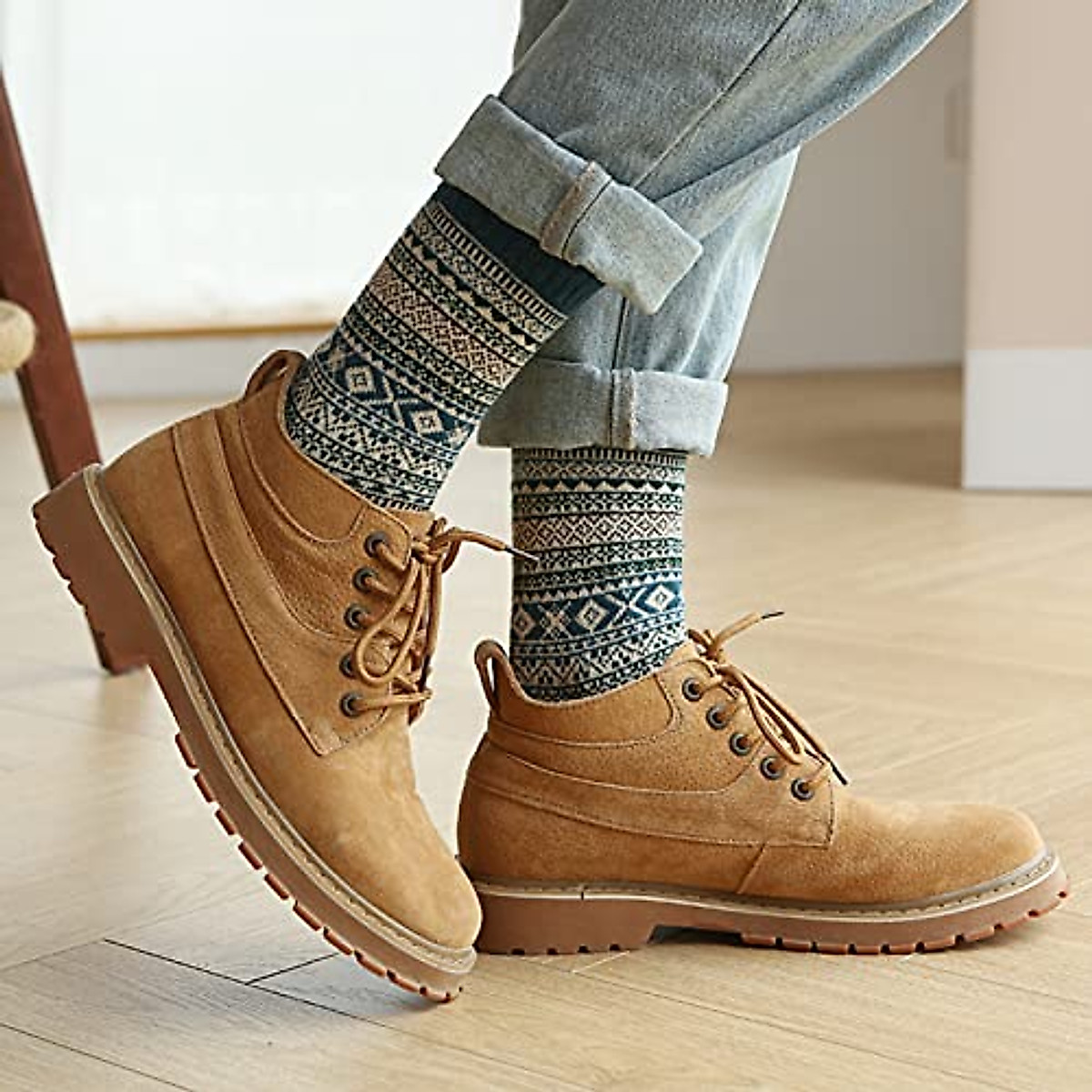 KLFG 5 Pairs Mens Thermal Nordic Socks Warm Socks, Retro Ethnic Style Woolen Socks, Hiking Trekking Crew Cute Socks (Style D)