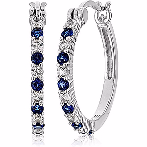 Sterling Silver Alternating Created Blue and White Sapphire Hoop Earrings, metal, corundum