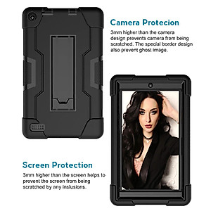 For All-New Fire 7 2019/2017 (9th Gen, 7th Gen) Case,Cherrry Heavy-Duty Rugged Kickstand Series - Shockproof Hybrid Three Layer Armor Kids Case Cover For Amazon All-New Fire 7 2019 (Black/Black)