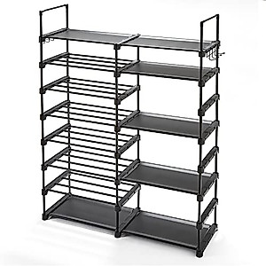 EXQ Home Black Metal Shoe Rack for Closet,8 Tiers Free Standing Shoe Racks for Entryway with Side Hooks,24-30 Pairs Shoe and Boots Shelf, Tall Shoe Organizer for College Dorm, Door and Garage