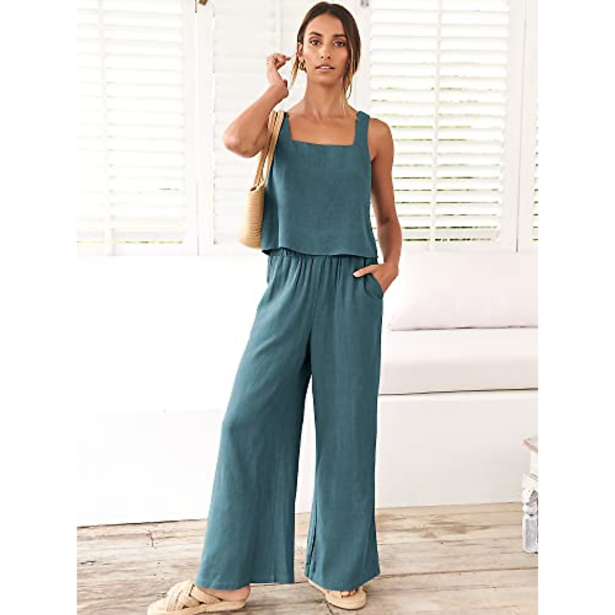 ANRABESS Women's Two Piece Outfits Summer Vacation Cruise Resort Wear 2023 Clothes Casual Linen Tank Crop Top Wide Leg Pants Matching Lounge Set Jumpsuit 732qinglan-L