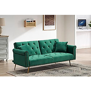 ERYE Futon Sofa Loveseat Convertible Sleeper Couch Bed for Small Space Apartment Office Living Room Furniture Sets Sofabed, Green Velvet 69.7"