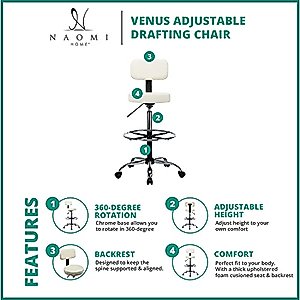 Venus Drafting Stool Chair, Rolling Stools with Wheels, Stools with Backs, Tall Adjustable Office Chair Workbench Stool with Back Support Adjustable Chair Work Stool with Chrome Footrest - Gray