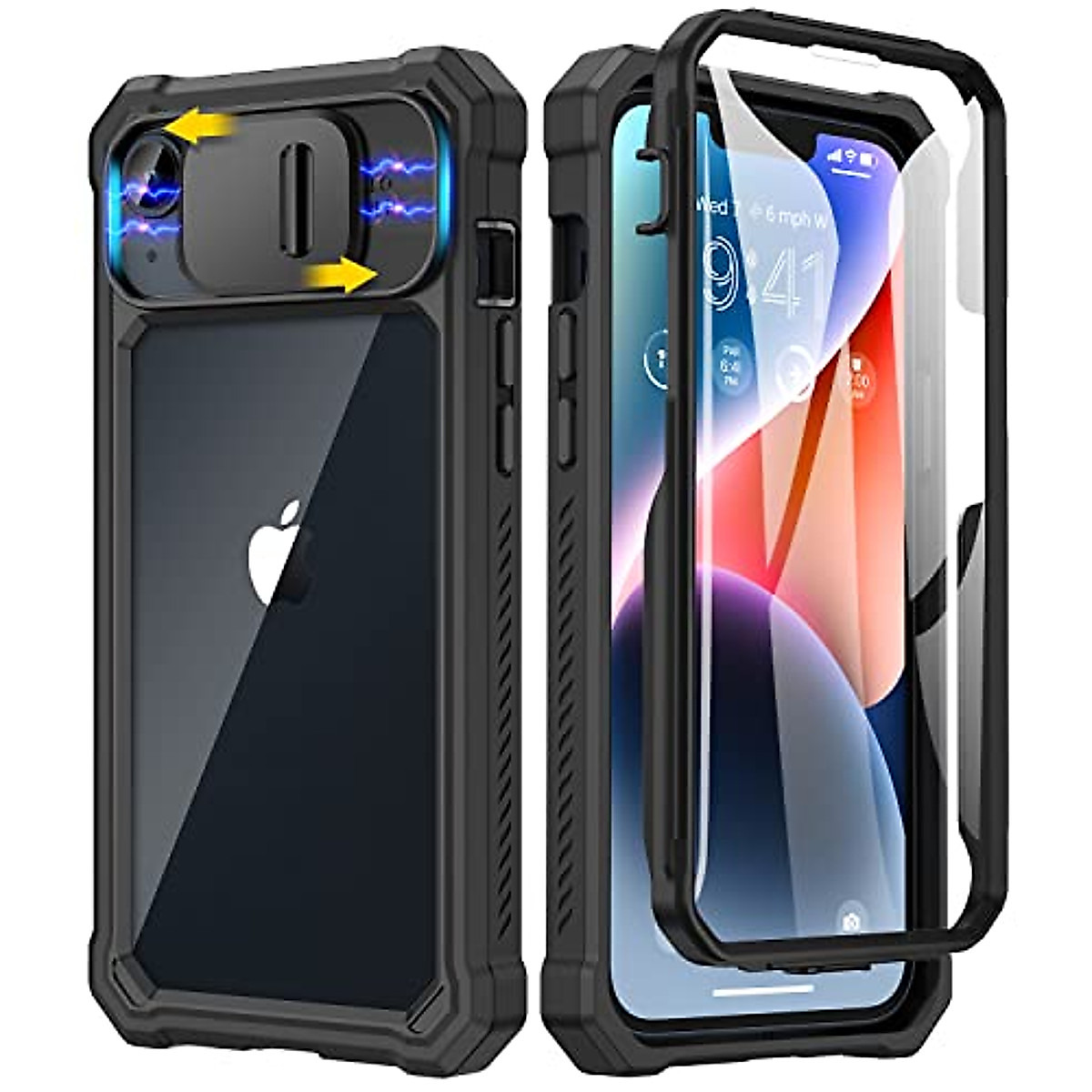 Caka for iPhone 14 Case, iPhone 13 Case with Screen Protector & Slide Camera Cover Heavy Duty Shockproof Phone Case for iPhone 13 iPhone 14 6.1 inches, Black