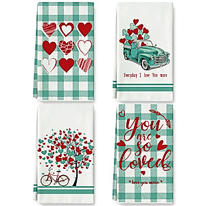AnyDesign Valentine's Day Kitchen Towel Romantic Heart Love Truck Dish Towel 18 x 28 Inch Blue White Buffalo Plaids Hand Drying Towel Tea Towel for Wedding Anniversary Cooking Baking, Set of 4
