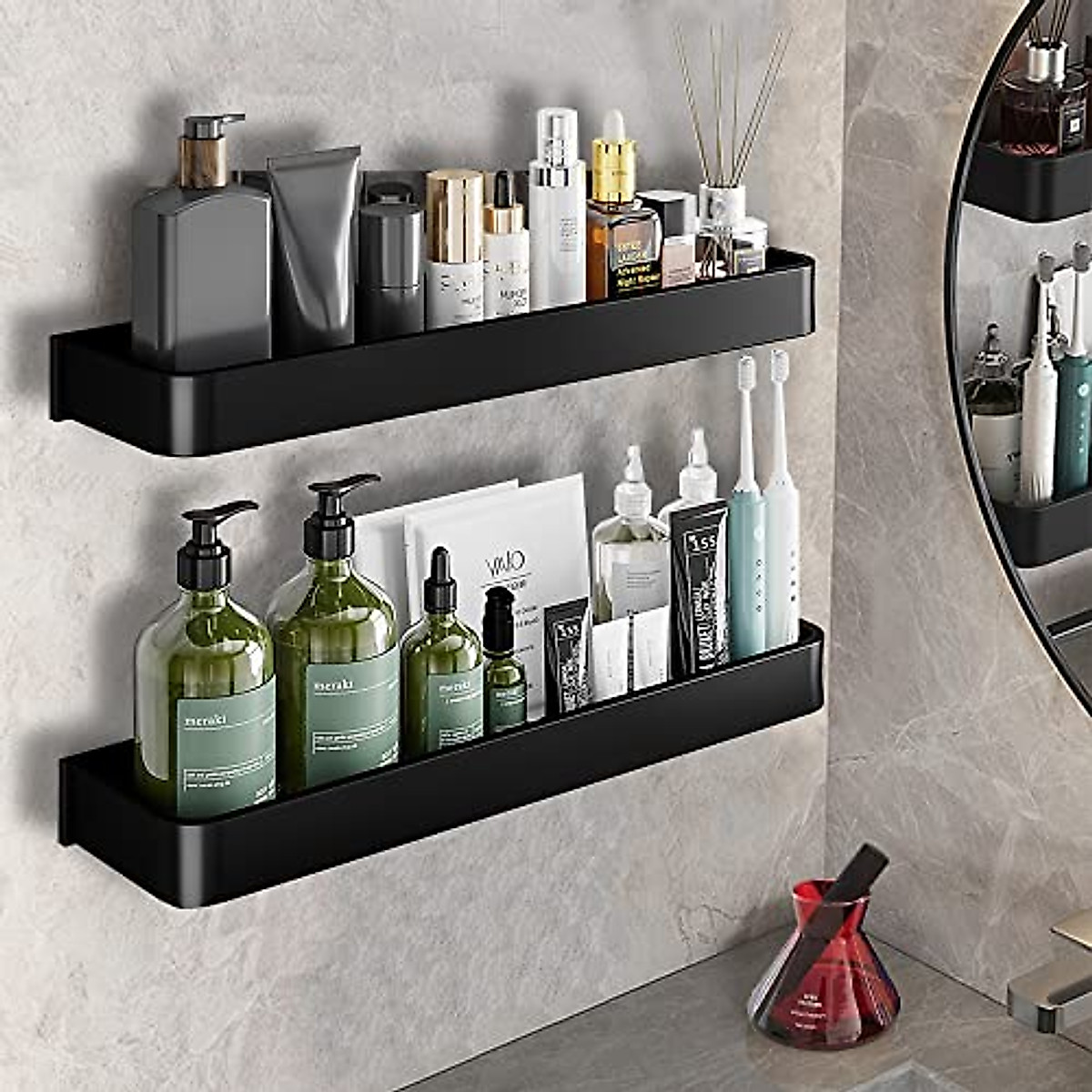 IUKPPTUI Bathroom Shelf Wall Mounted Decor Shower Rack Cosmetics Organizer Aluminium Floating Shelves for Kitchen Storage Black