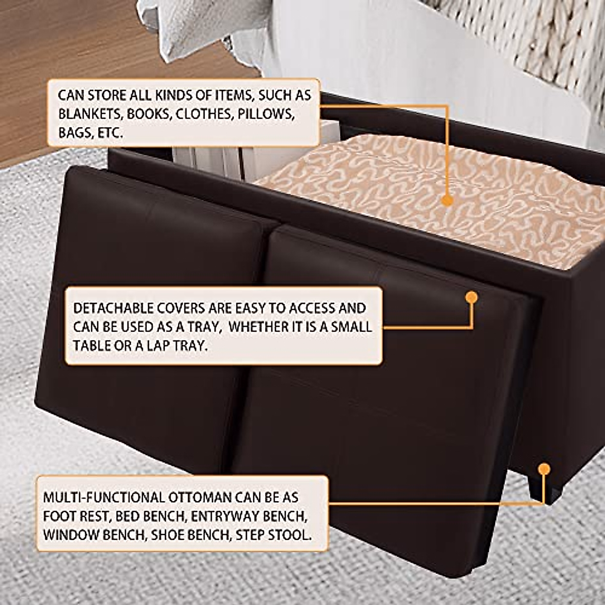 Homestripe 34Inch Contemporary Rectangle Tray Storage Ottoman in Midnight Black Footrest Stool, Footstool for The Living Room Family Room, Brown