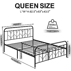 Saudism Queen Size Metal Bed Frame, 14.6" Queen Platform Bed Frame, Mattress Foundation with Victorian Style Iron-Art Headboard, Easy Assembly, Sturdy and Durable, No Box Spring Needed, Black