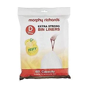 Morphy Richards 979038 Kitchen Bin 60L Lemon Scented Heavy Duty Drawstring Bin Liners, 20 Pack, White compatible with most 60L bin