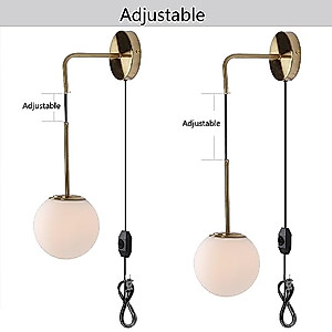 HuisMier Mid Century Globe Wall Sconce, Brushed Brass Plug in Wall Sconces with Dimmable Switch, Modern Glass Wall Light Fixture for Bedroom Living Room Corridor