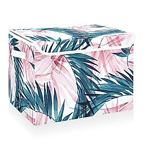 CaTaKu Tropical Storage Bins with Lids and Handles, Palm Leaves Fabric Large Storage Container Cube Basket with Lid Decorative Storage Boxes for Organizing Clothes