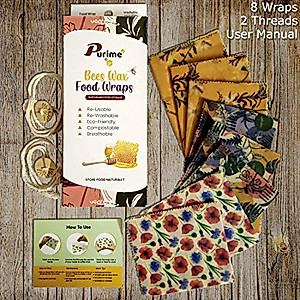 [8 Pack] Beeswax Wrap Reusable Food Wrap for Food Storage Sustainable Organic and Eco Friendly Sandwich Bags 3 Large, 3 Medium, 2 Small