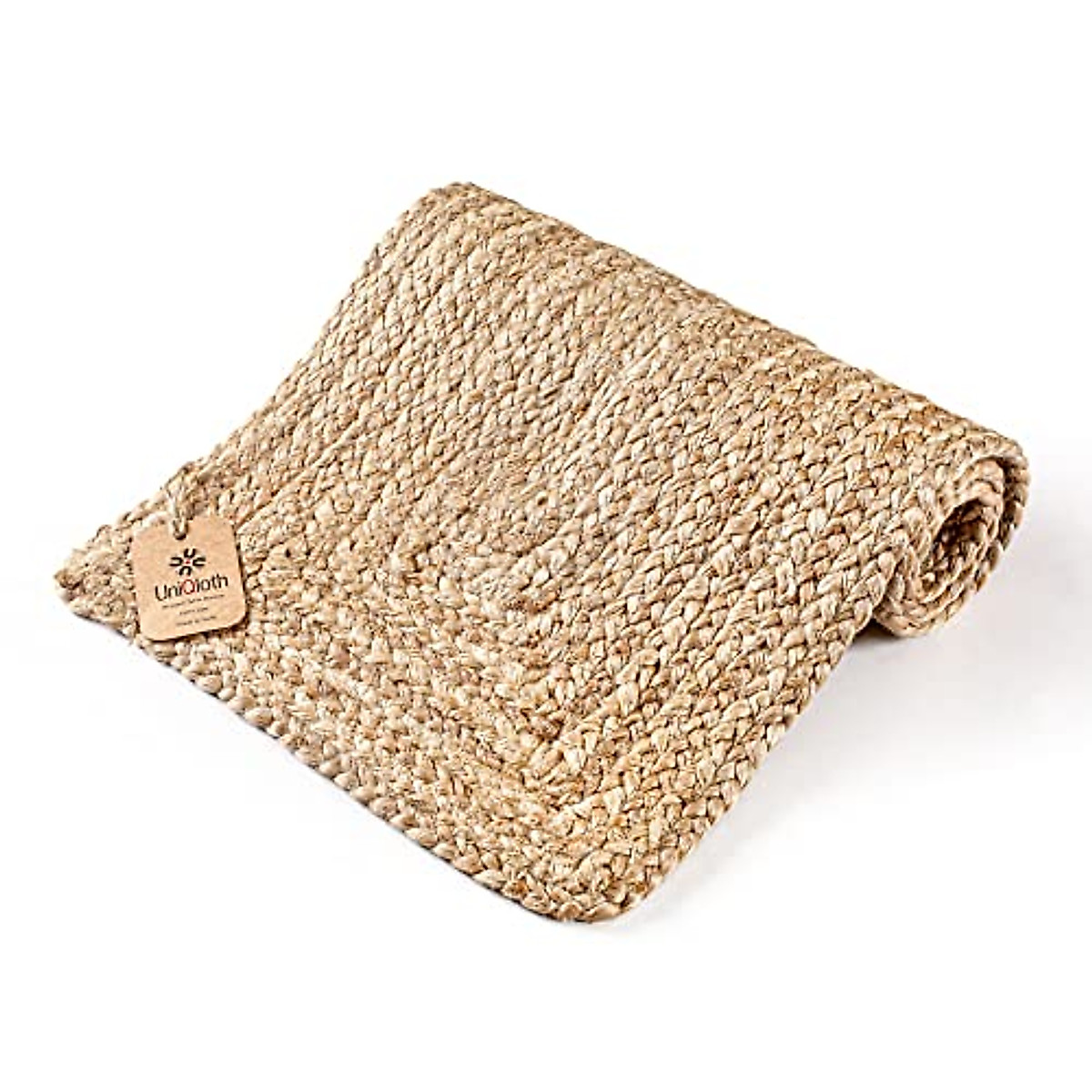 UniQloth Farmhouse Jute Burlap Braided Table Runner 36 Inches Long - 13x36 Natural Jute Braided Table Runner 100% Jute Hand Crafted Rustic Vintage Dining Table Runner Natural