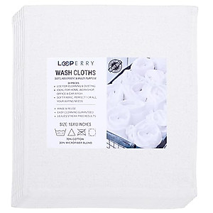 Looperry White Terry Cloth Rags (24 Pack) Commercial Grade 13x13 Lint Free Dish Cloth Multipurpose Cleaning Rags for Housekeeping, Car Wash. Absorbent & Reusable Bar Mop Towels for Kitchen Cotton