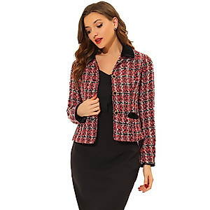 Allegra K Women's Elegant Vevelt Collared Tweed Blazer Jacket Coat X-Small Red