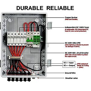 8 Strings PV Combiner Box, IP65 Solar Combiner Box with 10A Fuse, 80A DC Breaker, Lightning Arrestor and Solar Connector, for Off Grid Solar Panel System