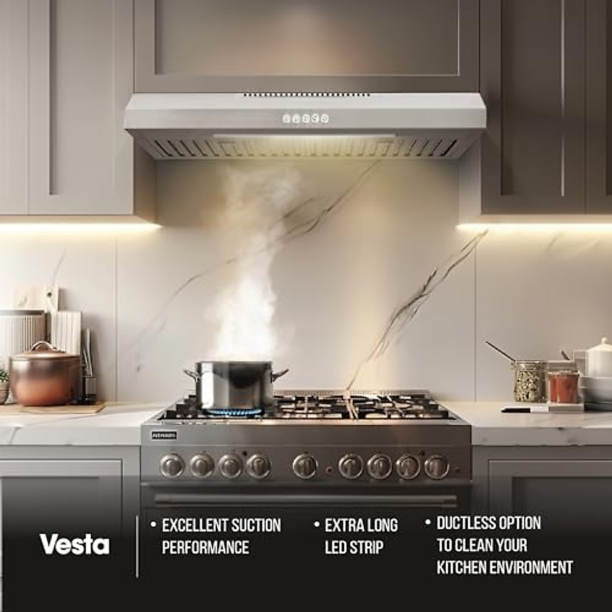 Vesta Charlotte 500cfm Under Cabinet Range Hood With 3 Levels Of Speed, Mechanical Buttons Control, Dishwasher Friendly Baffle Filters, Flexible Vent Connectors, Long LED Stripe
