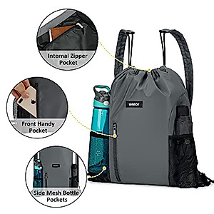WANDF Drawstring Backpack with Shoulder Pad Sports Gym Backpack with Mesh Pocket String Bag for Women Men(Grey)