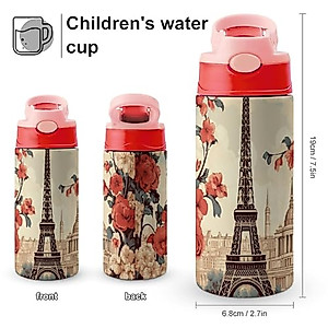 Stainless Steel Water Bottles Paris Vintage Floral Travel Water Cups with Handle And Silicone Straw Drinking Cup with Leak Proof Lid Thermo Travel Mug for Women Men