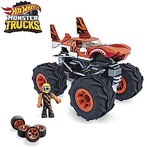 MEGA Hot Wheels Monster Trucks Building Toy Playset, Tiger Shark with 187 Pieces, 1 Micro Action Figure Driver, Orange and Black, Kids Age 5+ Years