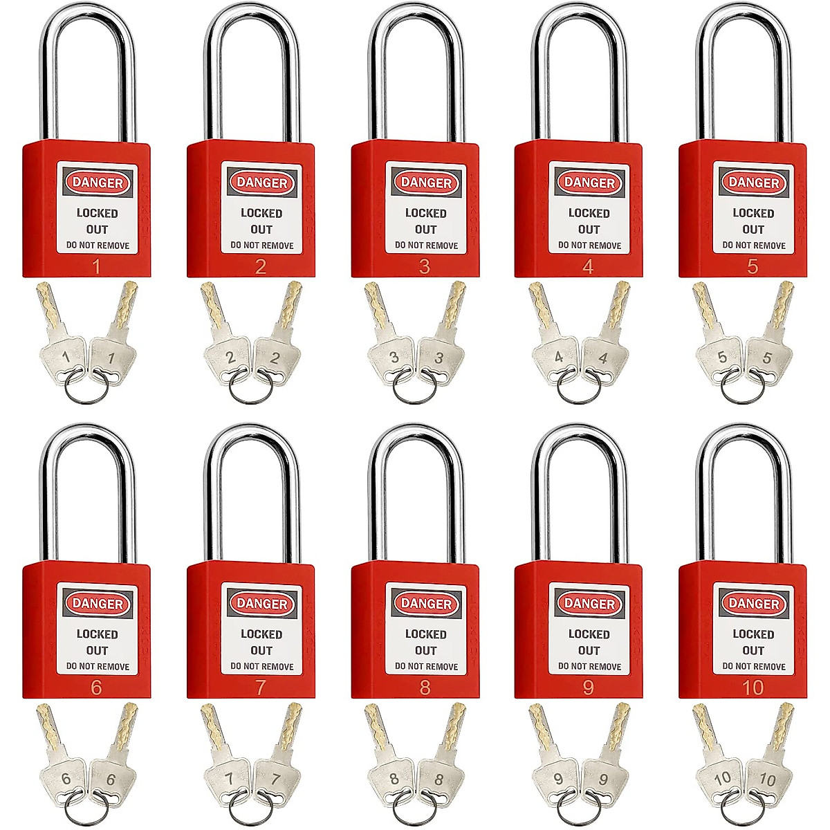 SAFBY Lockout Tagout Locks, Safety Padlock, Keyed Differently Loto Safety Padlocks for Lock Out Tag Out Kits Station (Red 1-10)