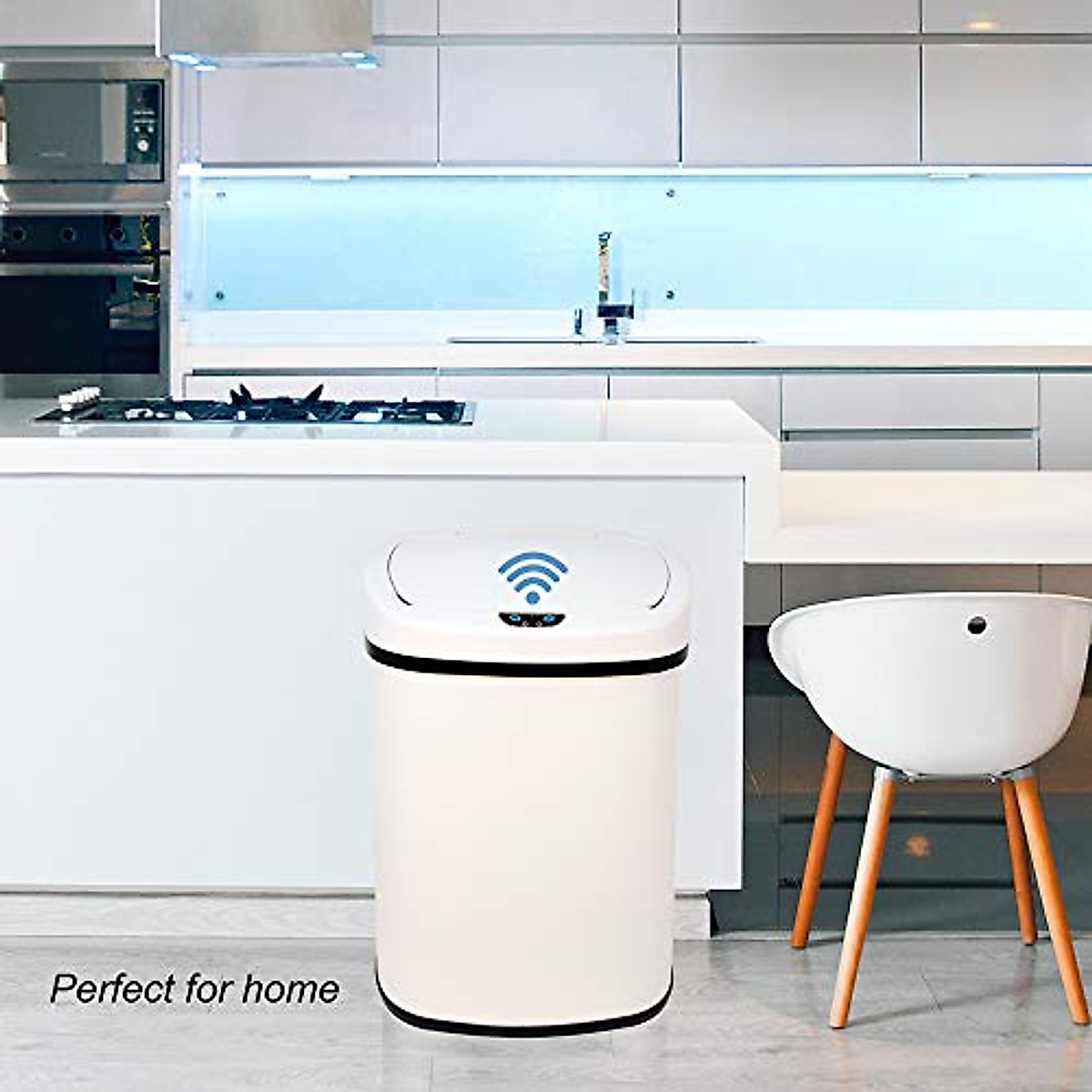 BHP Automatic Garbage can, Touch Free Stainless Steel Trash Can, No Touch Kitchen Waste Bin,High-Capacity Bathroom Trash Can with Lid for Home Bedroom Office, Powered by Battery, White