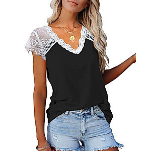 KINLONSAIR Women's Crochet Lace Basic V-Neck T-Shirts Short Sleeve Loose Fitting Tunic Tank Tops