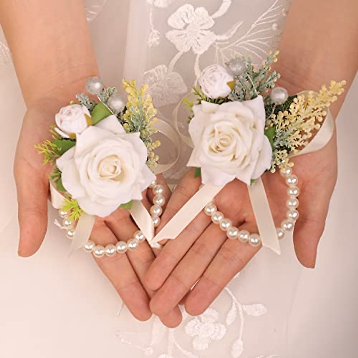 Kercisbeauty White Rose Flower Corsage Wristlet Pearl Bracelet for Wedding Bridesmaid and Flower Girls Handmade Ribbon Wrist Chain (White)