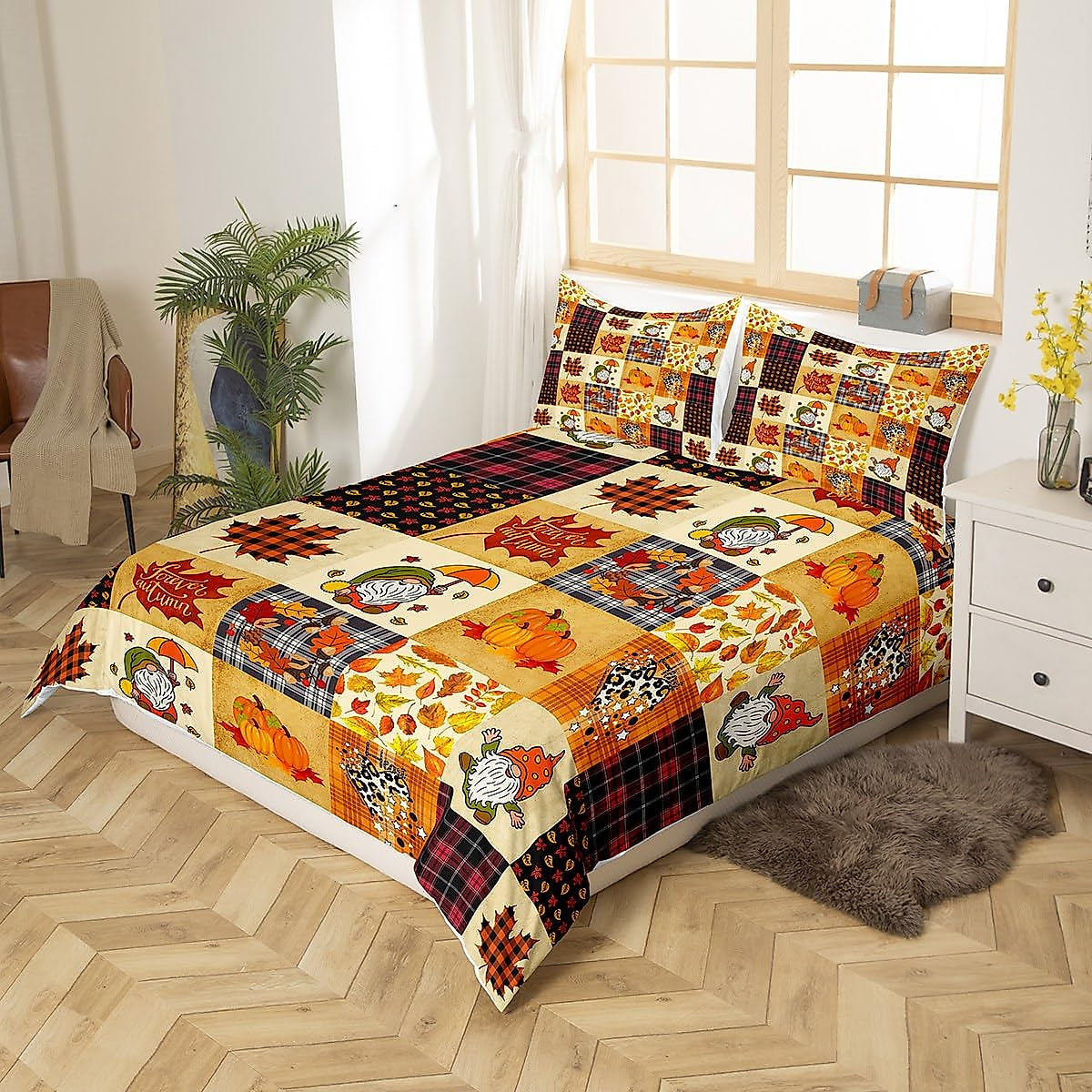 Fall Bedding Set Thanksgiving Day Gifts Duvet Cover for Boys Girls Women Autumn Harvest Comforter Cover Happy Fall Y'All Fall Season Bedspread Cover Geometry Grid Patchwork Bedding Queen Size