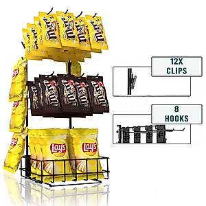 DS THE DISPLAY STORE Retail Display Rack, 12 Clips & 8 Removable Peg Hooks, Matte Black Countertop Snack Organizer for Retail Store Supplies, Candy Merchandise Stand
