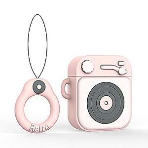 Case for Airpods 1 2 Earphone Charging Box Case for Air Pods 1 2 Cover Silicone Hip-hop Phonograph Earbuds Case with Hook (Pink)