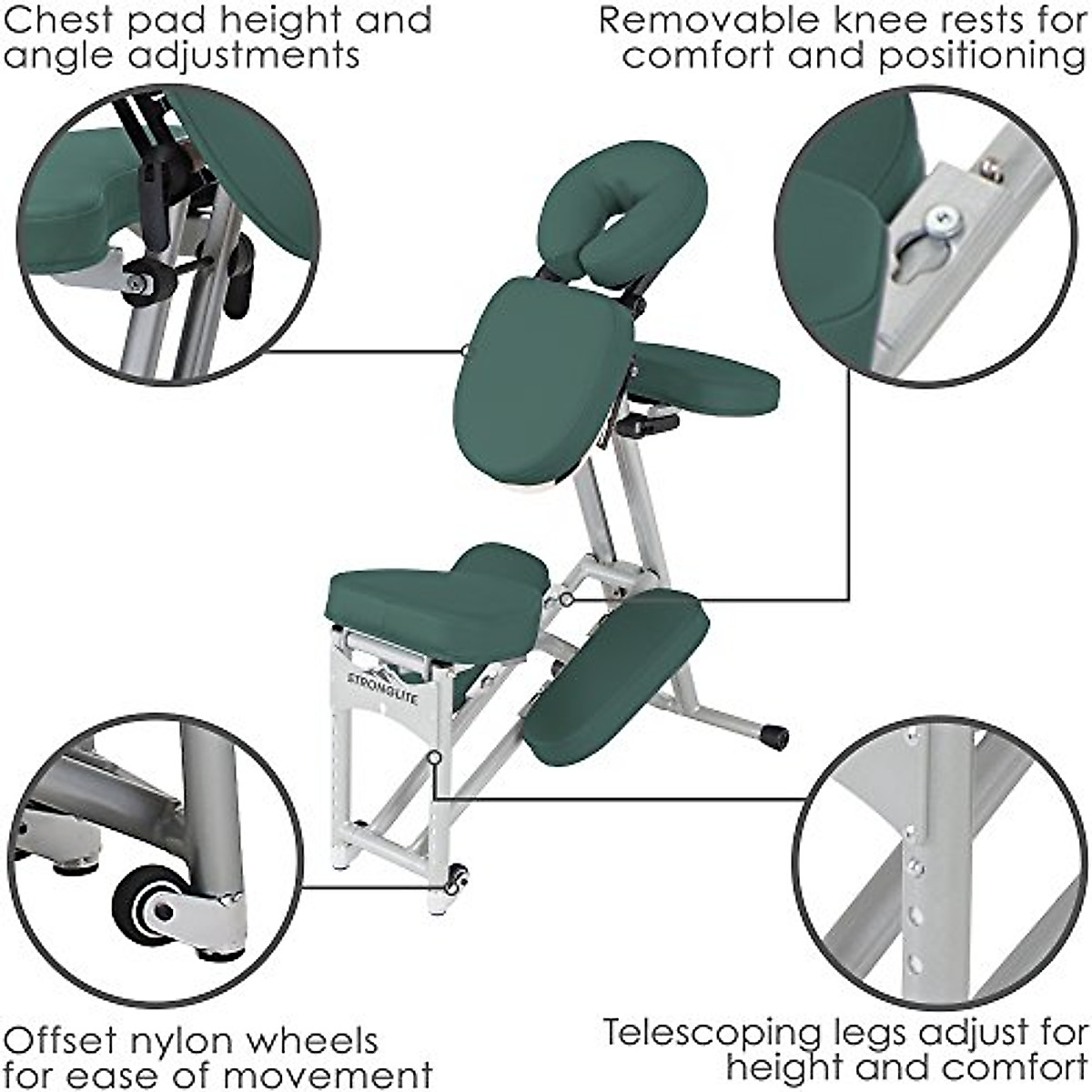 STRONGLITE Portable Massage Chair Ergo Pro II - Ultra-Strong, Lightweight, Folding Tattoo Spa Massage Chair with Wheels & Carry Case (600lbs Working Weight), Teal