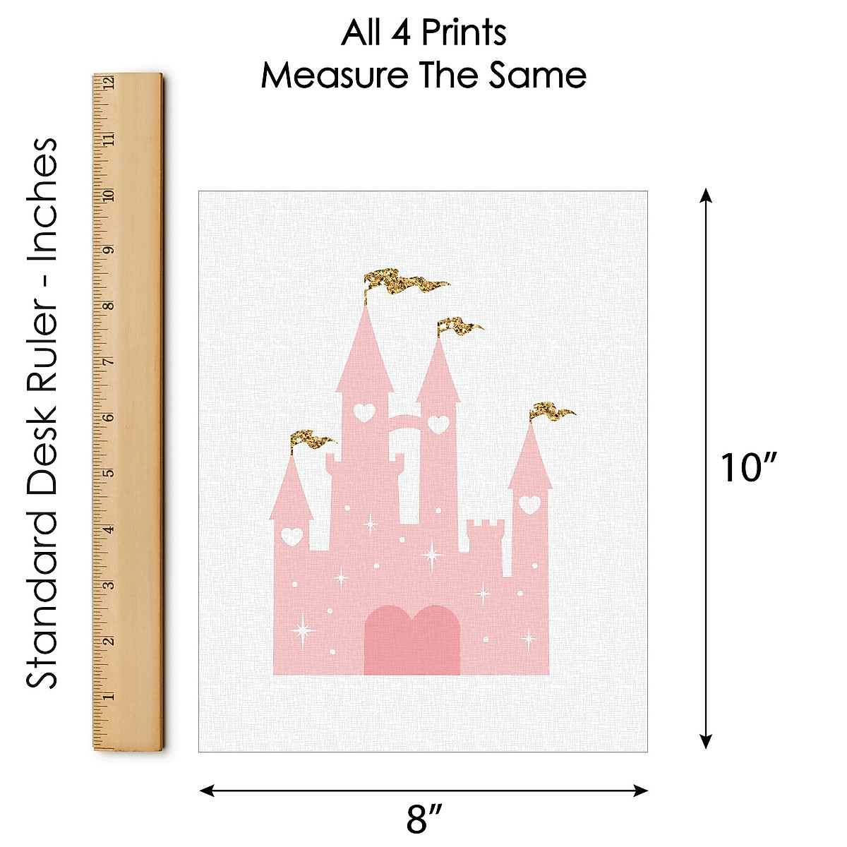 Big Dot of Happiness Little Princess Crown - Unframed Pink and Gold Castle Nursery and Kids Room Linen Paper Wall Art - Set of 4 - Artisms - 8 x 10 inches