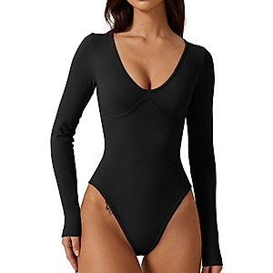 QINSEN Women's High Waist Seamless Slimming Fit Shirt Long Sleeve V Neck Bodysuit Top Black S