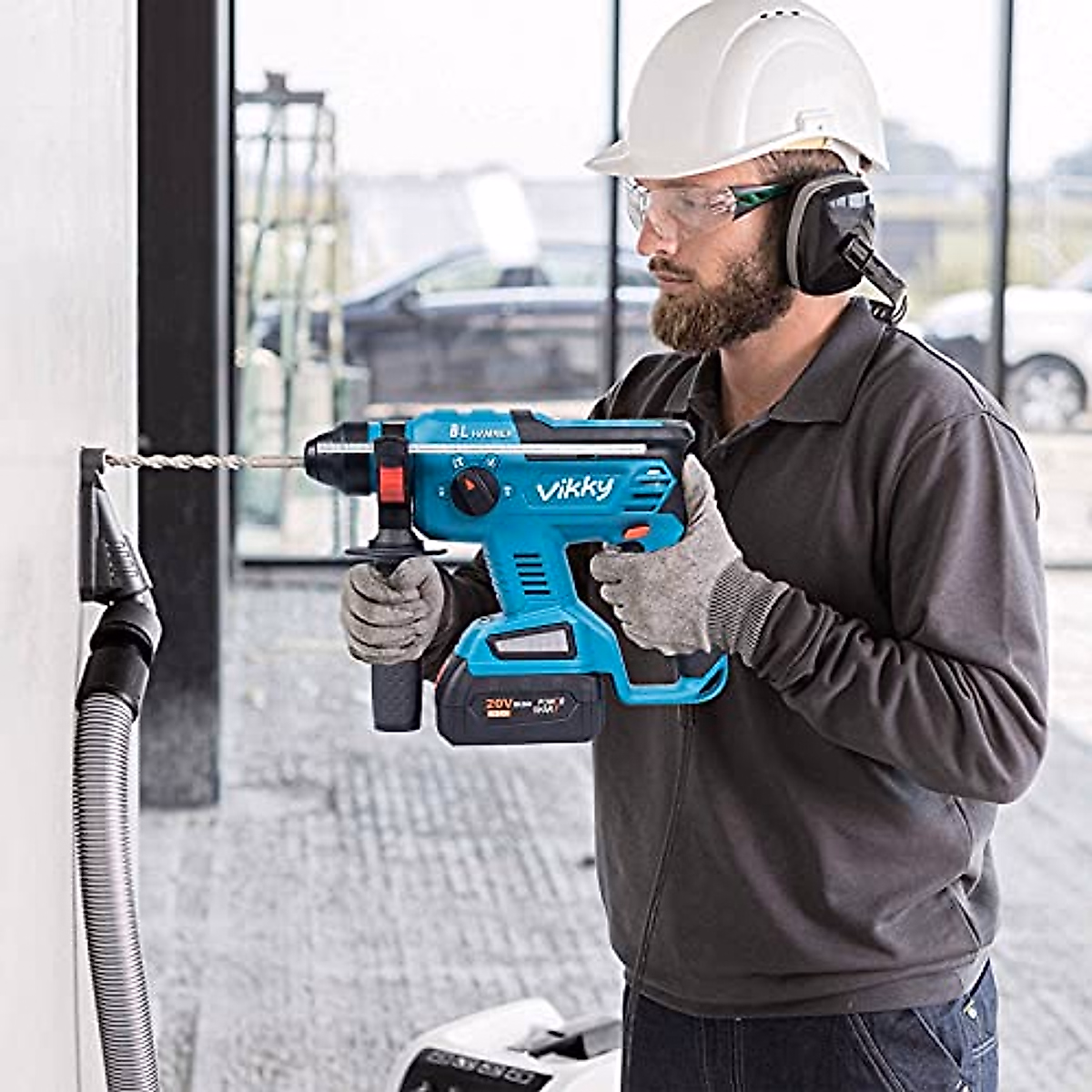 Vikky 20V SDS Plus rotary hammer drill, brushless cordless demolition hammer kit, with 4.2Ah battery and charger, 4 functions, suitable for drill bits, point/flat/U-shaped chisels