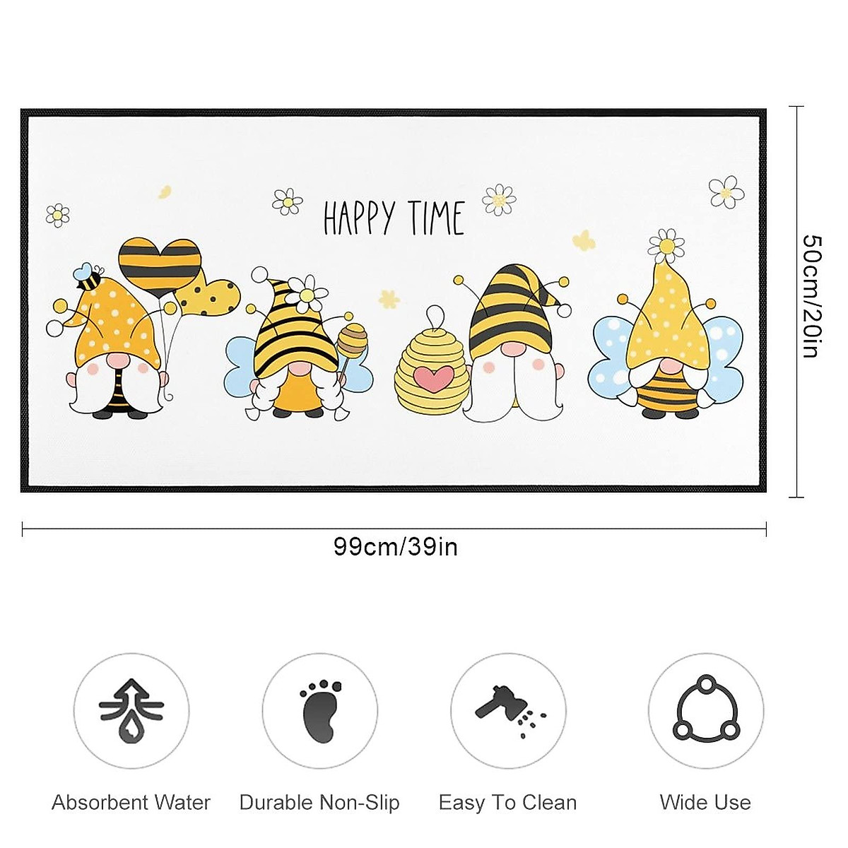 TsyTma Yellow Bee Gnomes Kitchen Rug Hello Spring Floor Mats Washable Non-Slip Bathroom Rug Runner Laundry Room Home Decor 39x20 Inch