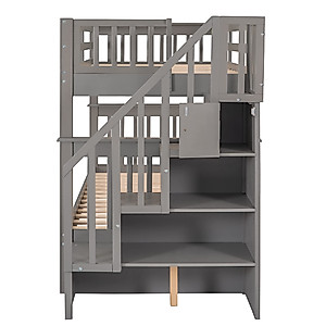 Harper & Bright Designs Twin Bunk Beds, Twin Over Twin Bunk Bed with Stairs and Storage, Low Bunk Beds Twin Over Twin for Kids Girls Boys, Grey
